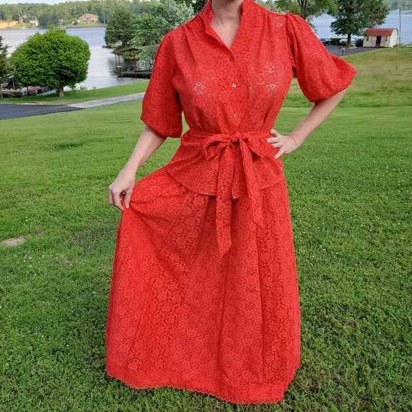 Vintage | Dresses | Vintage Red Lace 2 Piece Skirt Set W Sash Belt ...